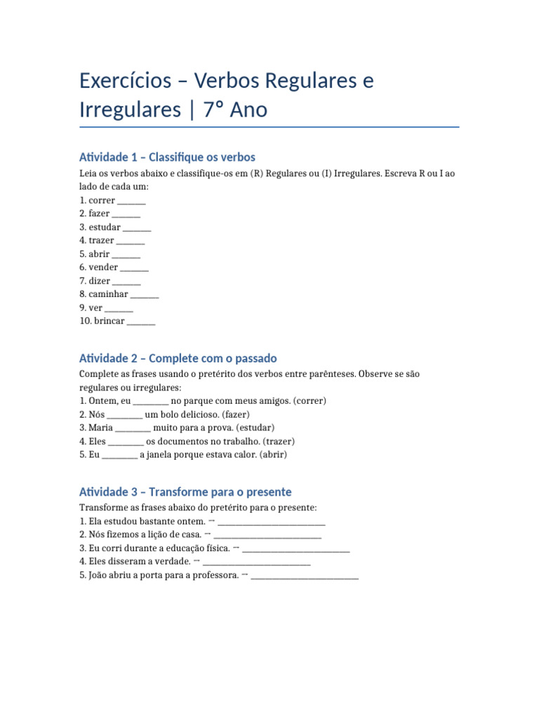 Exercicios Verbos Regulares Irregulares 7ano | PDF