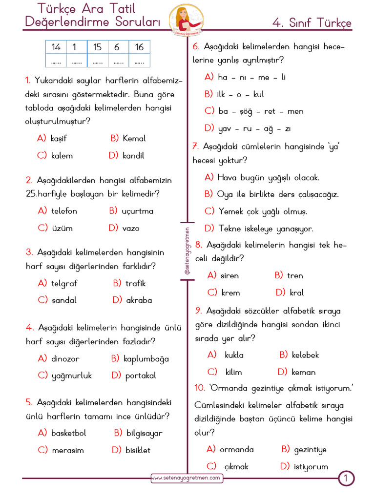 Sinif Turkce Ara Tatil Degerlendirme Sorulari | PDF