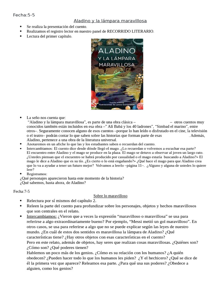 Actividades sobre Aladino y la lámpara | PDF | Verbo | Cuentos