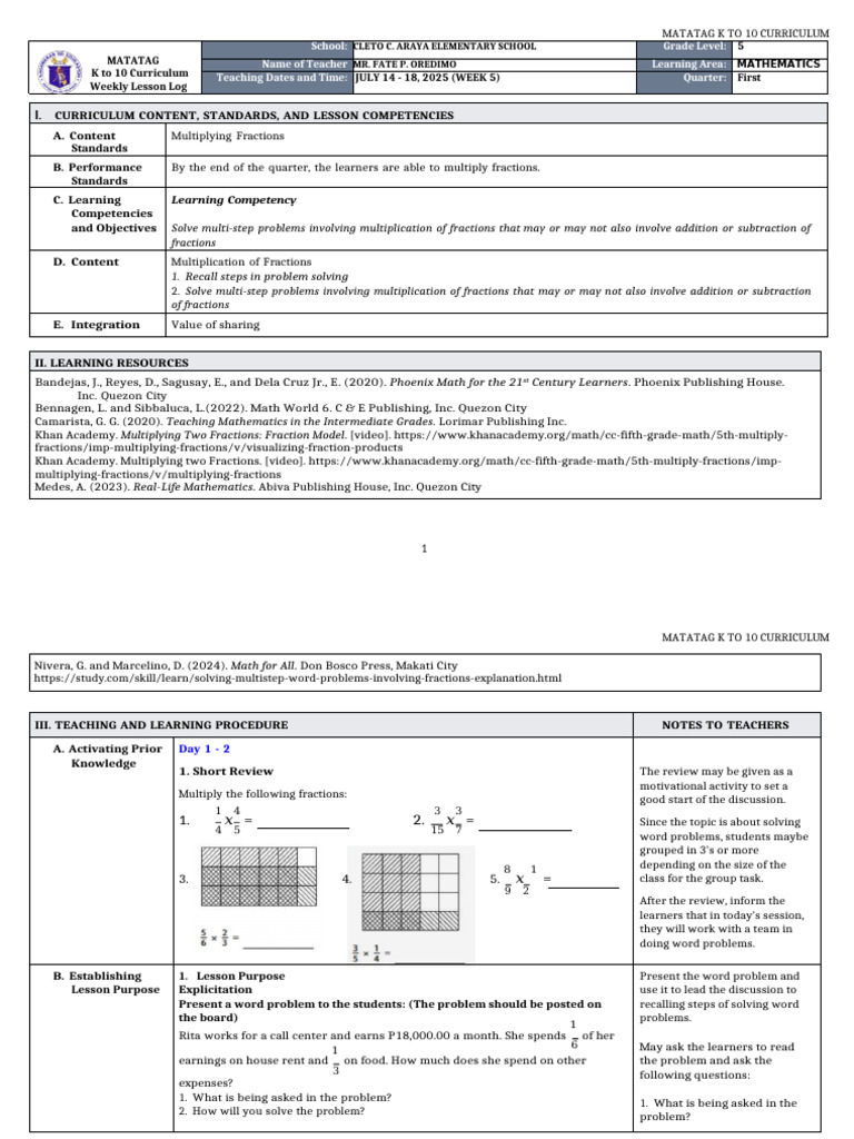 DLL Matatag - Mathematics 5 q1 w5 | PDF | Learning | Curriculum