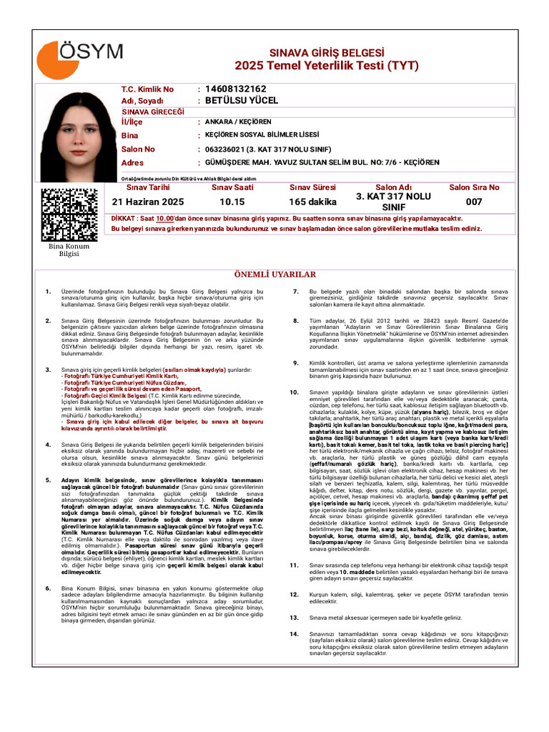 Sınava Giriş Belgesi Tyt | PDF