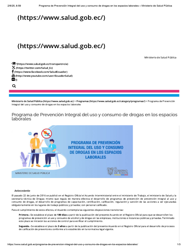 Programa de Prevención Integral Del Uso y Consumo de Drogas en Los Espacios Laborales ...