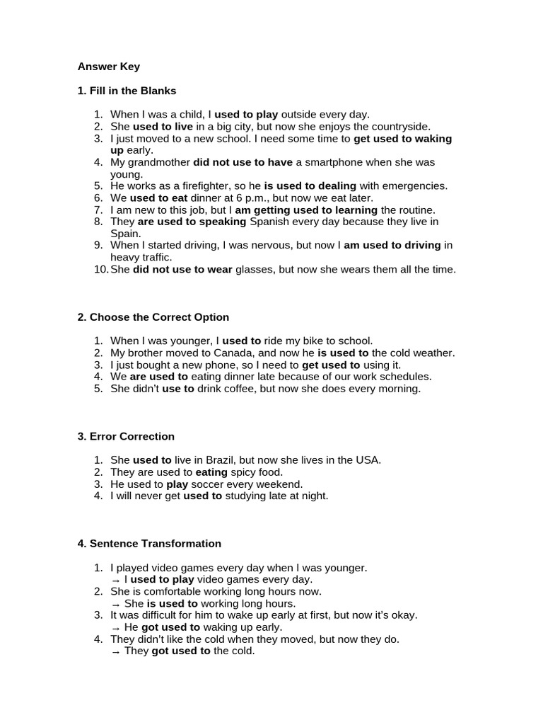 Used To Exercises Answer Key | PDF