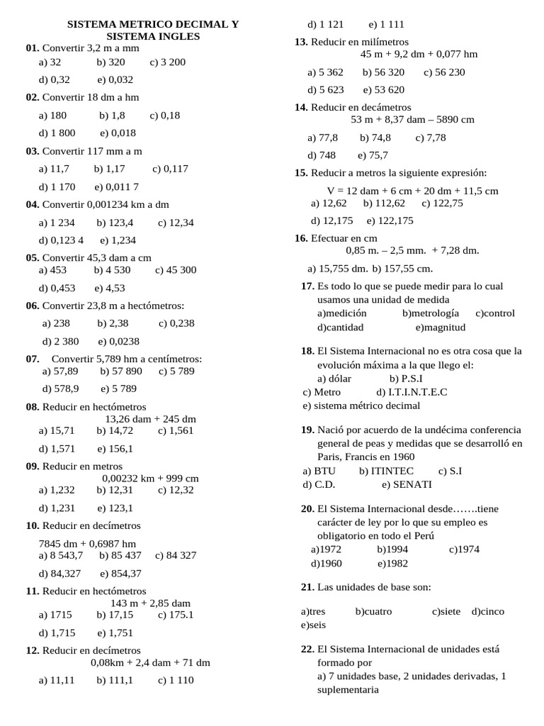 Sistema Metrico Decimal y Sistema Ingles | PDF | Sistema Internacional ...