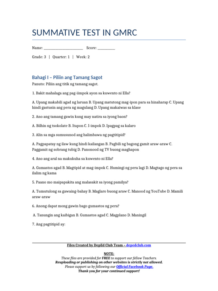 Summ - Test GMRC 3 q1 w2 | PDF