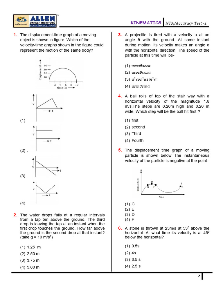 Kinematics: NTA/Accuracy Test - 1 | PDF | Kinematics | Velocity