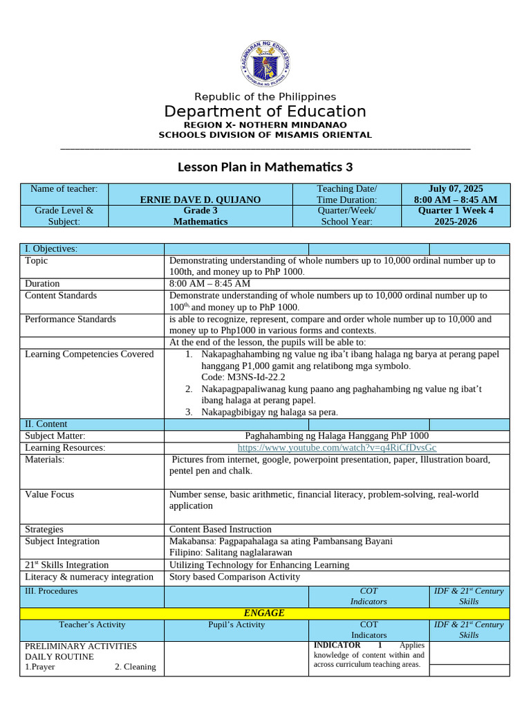 Grade 3 Addition and Financial Literacy Lesson | PDF | Learning | Teachers