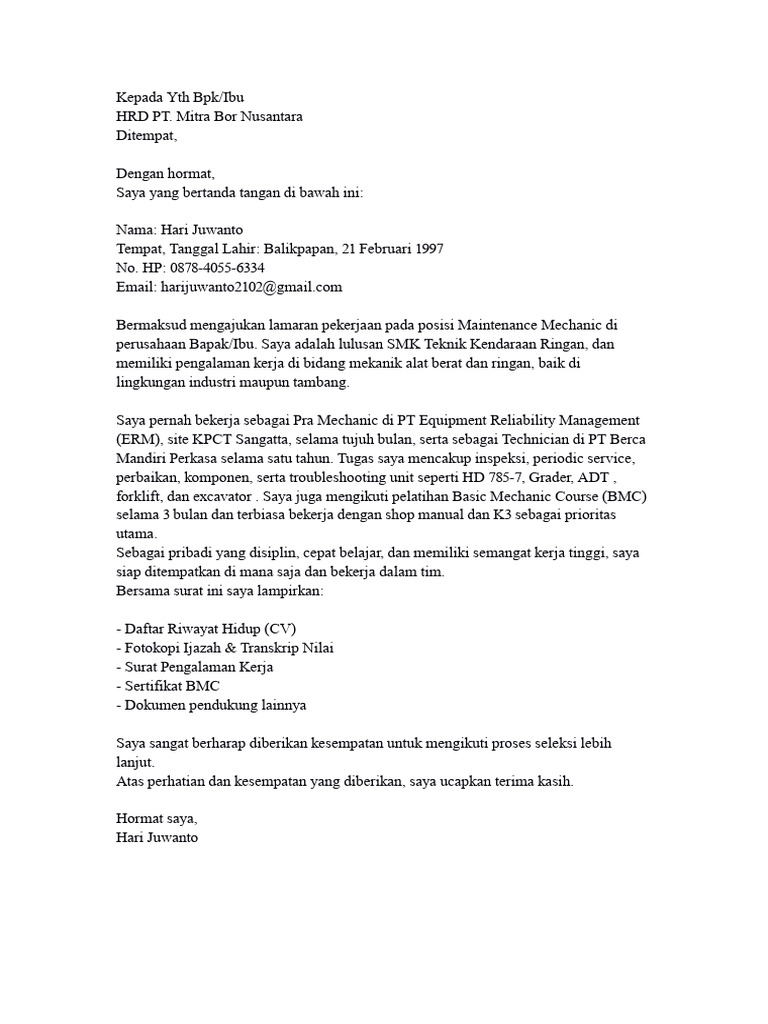 Surat Lamaran PT. Mitra Bor Nusantara | PDF