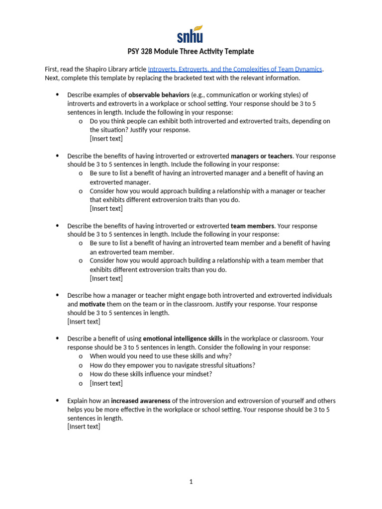 PSY 328 Module Three Activity Template | PDF | Extraversion And Introversion | Psychological ...