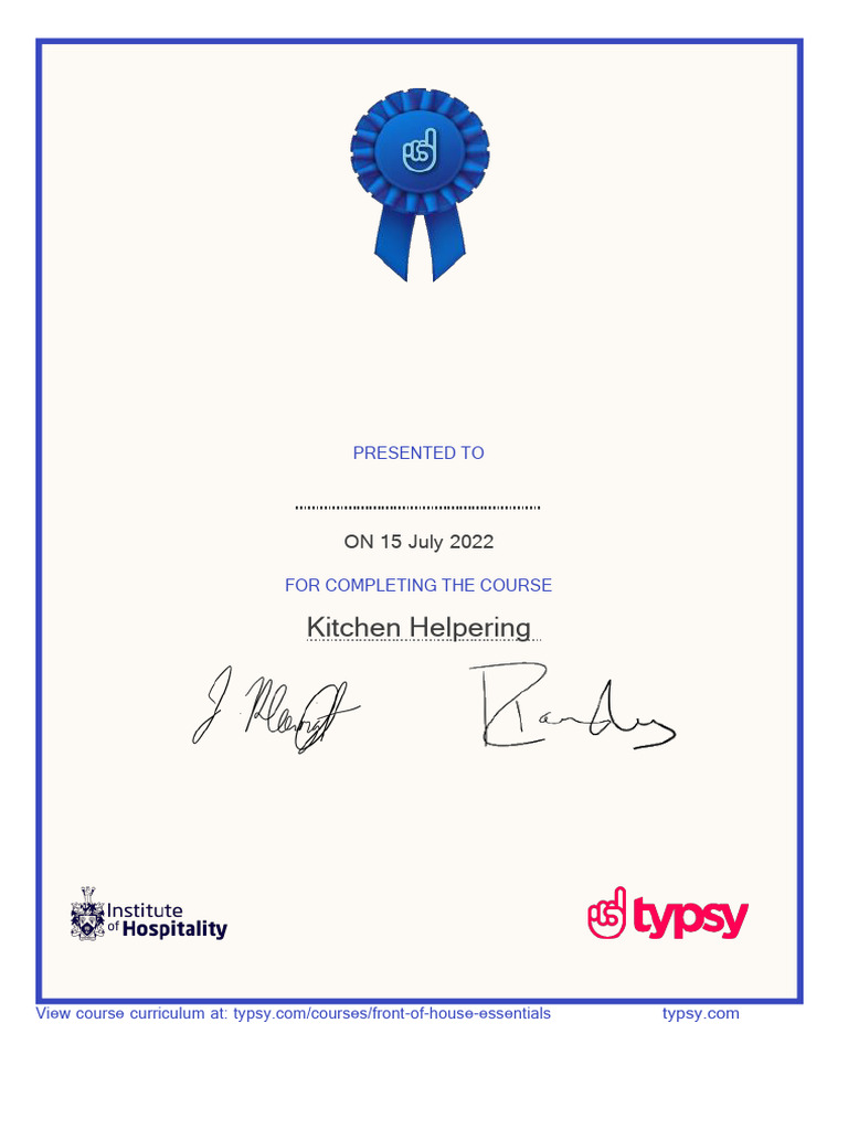 Kitchen Helpering Arbaz Typsy - Certificate | PDF