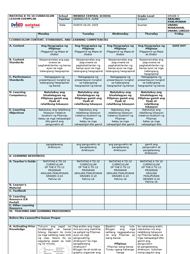 GRADE 4-Q1W1(MATATAG LE)- AP | PDF