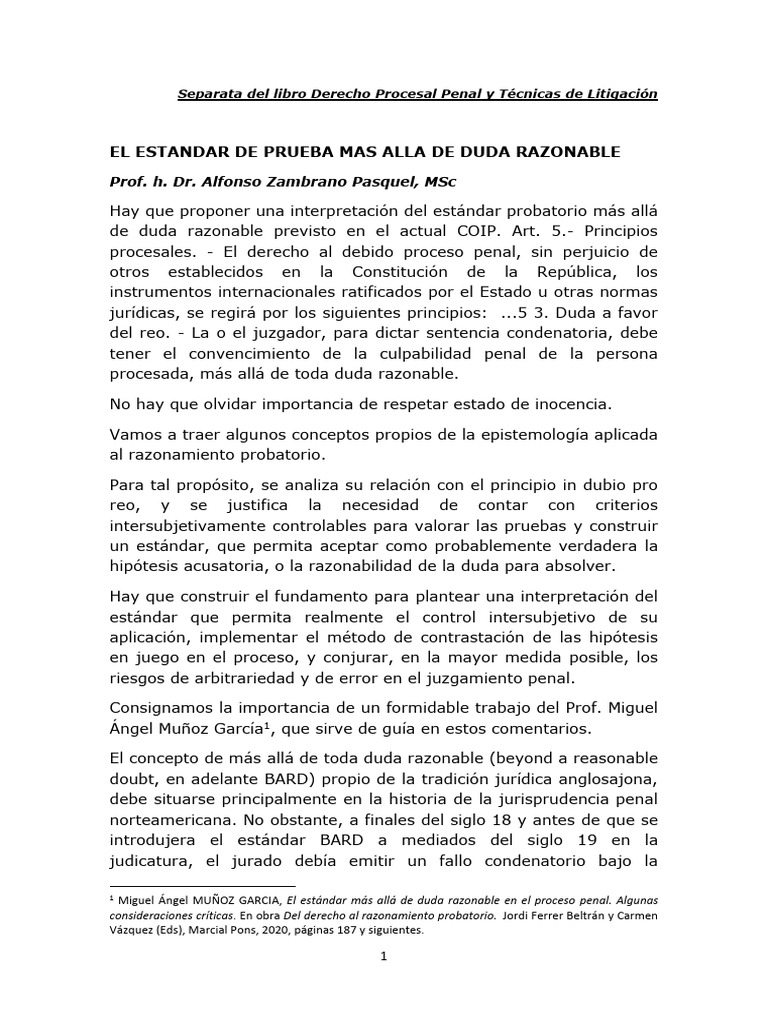 EL ESTANDAR DE PRUEBA MAS ALLA DE DUDA RAZONABLE. Alfonso Zambrano ...