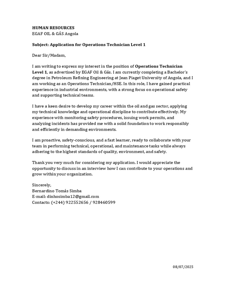 Application for Operations Technician Role | PDF