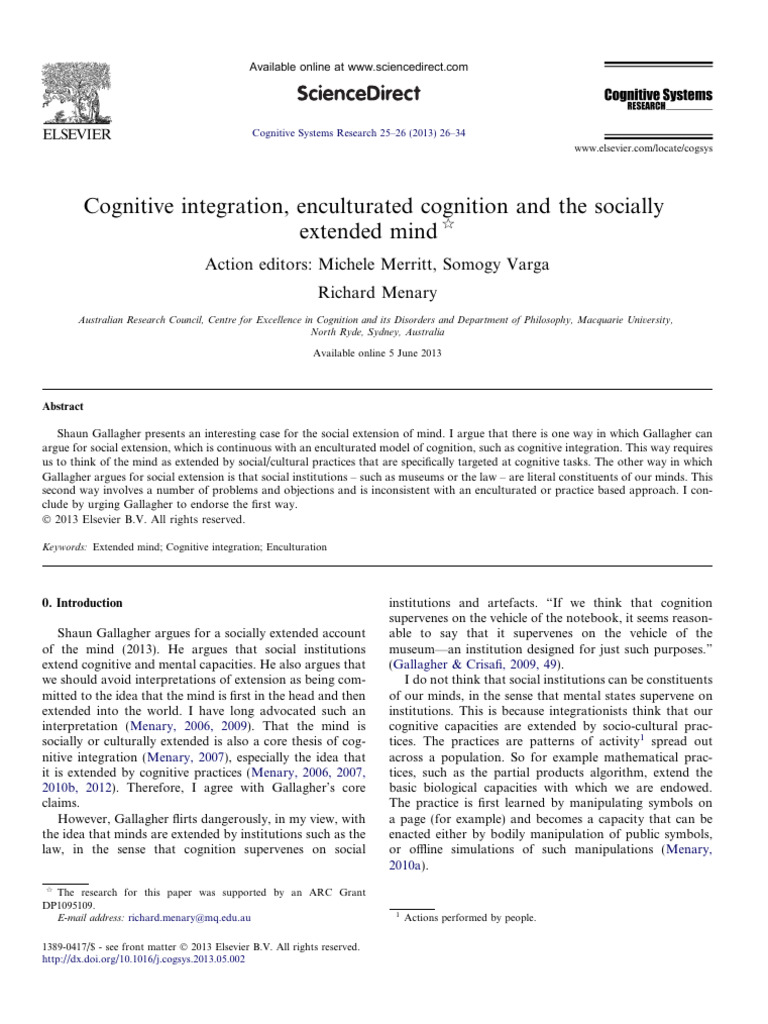 Menary Richard. Cognitive Integration | PDF | Mind | Cognition