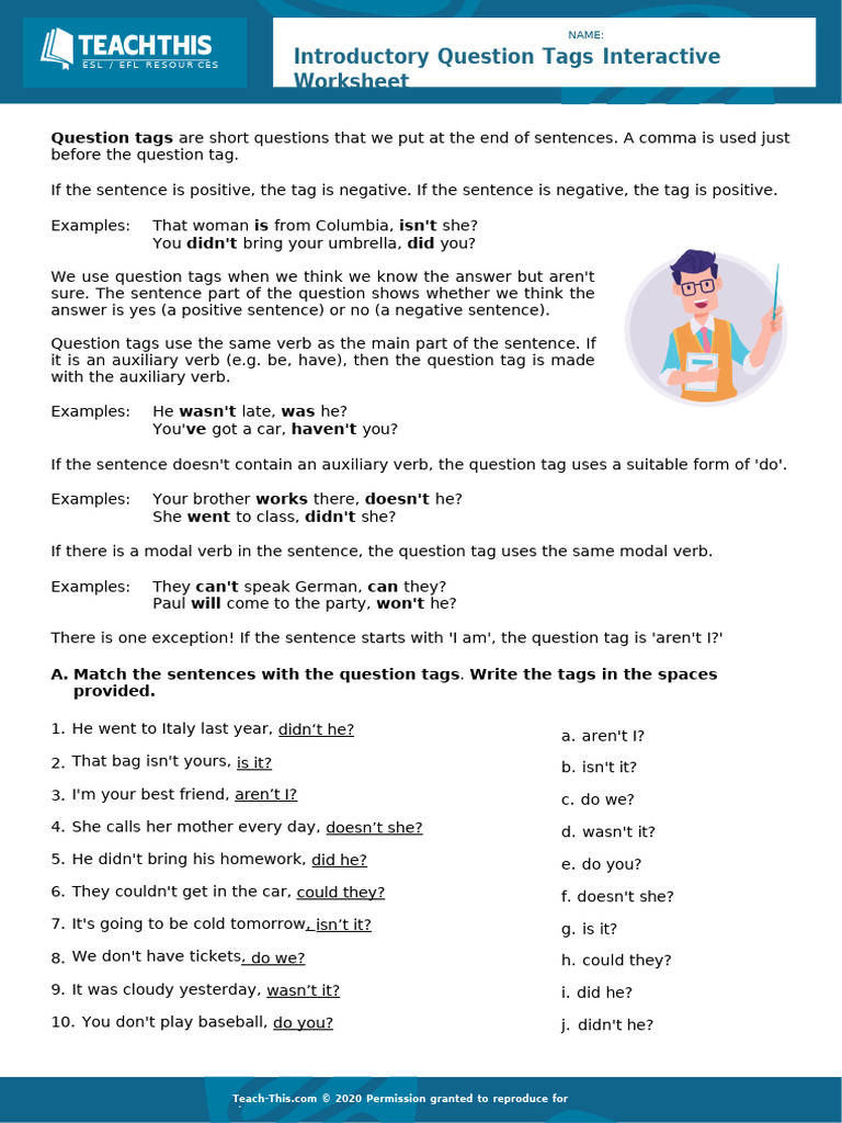 Introductory Question Tags Interactive Worksheet | PDF | Verb | Syntax