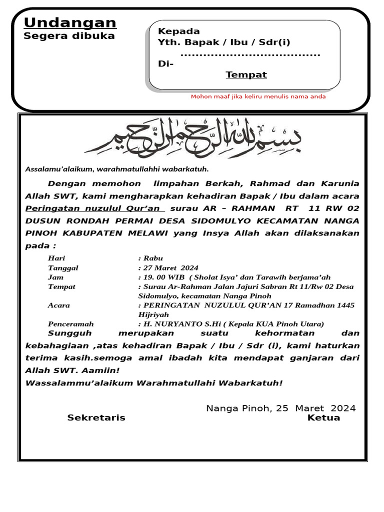 Undangan Peringatan Nuzulul Qur'an 2024 | PDF