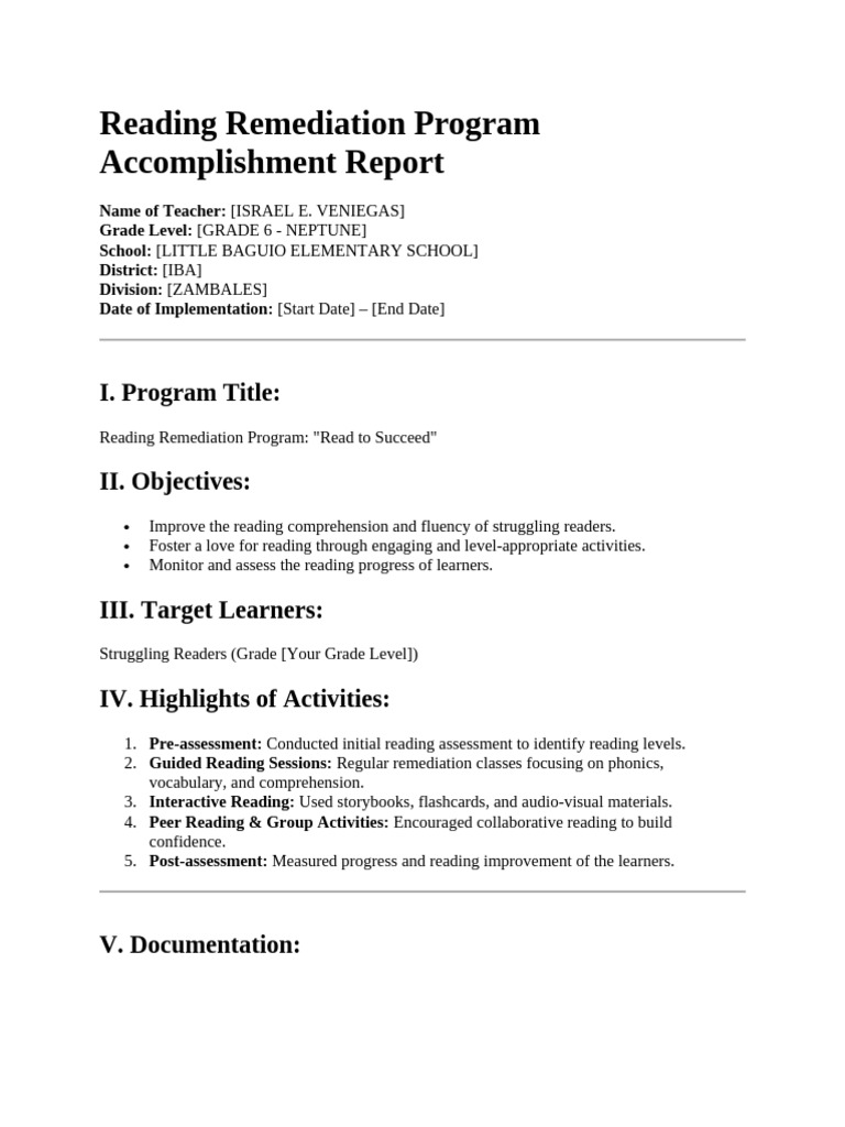 Grade 6 Reading Remediation Report | PDF