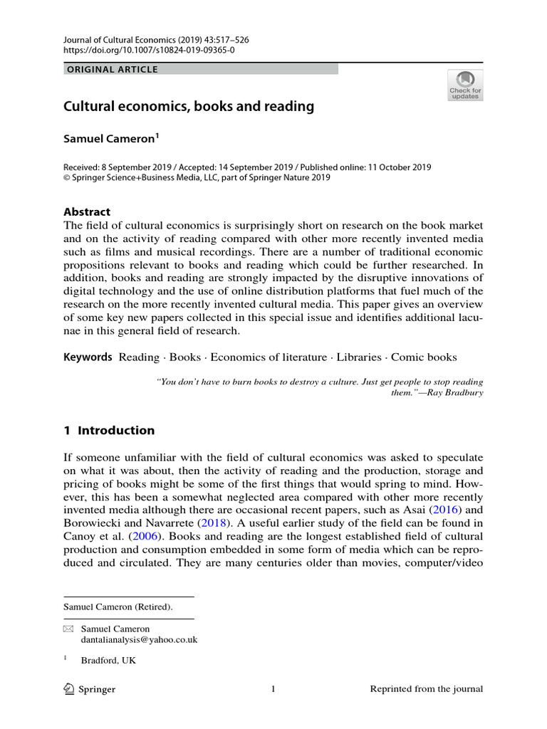 Cultural Economics of Books and Reading | PDF | Books
