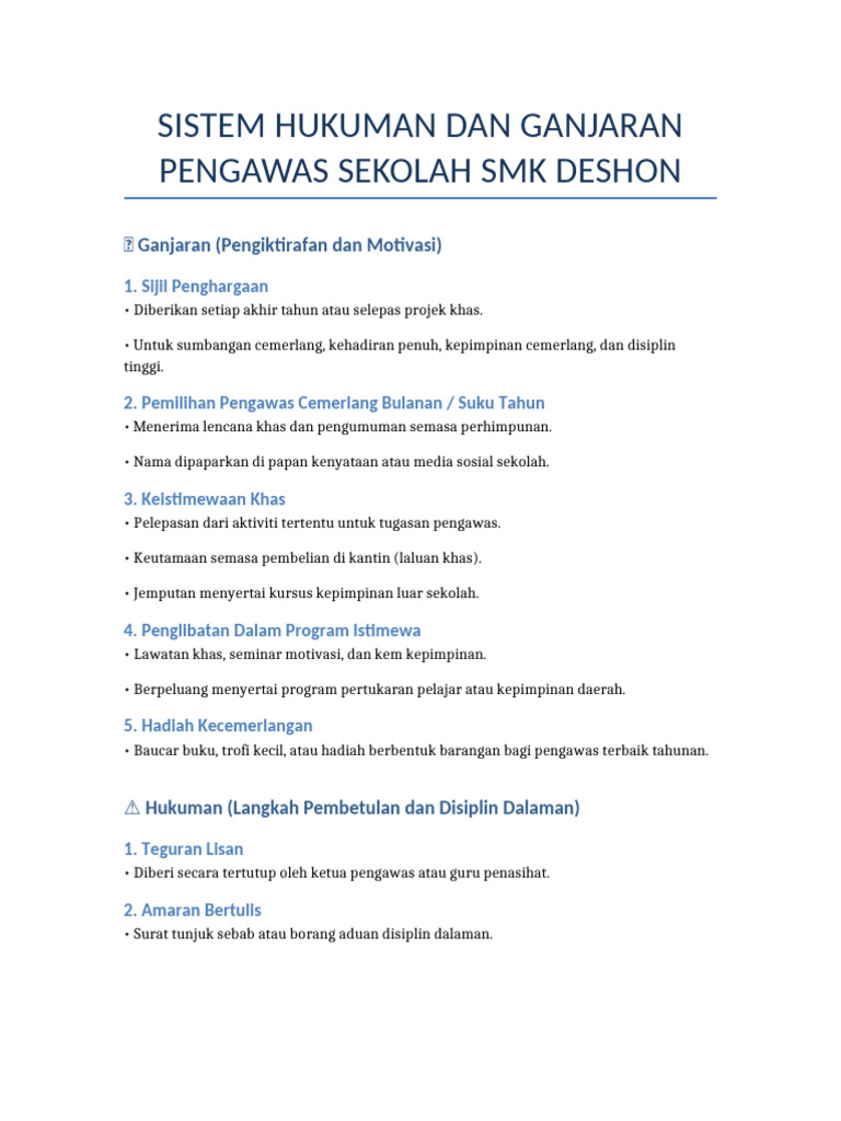 Sistem Hukuman Dan Ganjaran Pengawas SMK Deshon | PDF