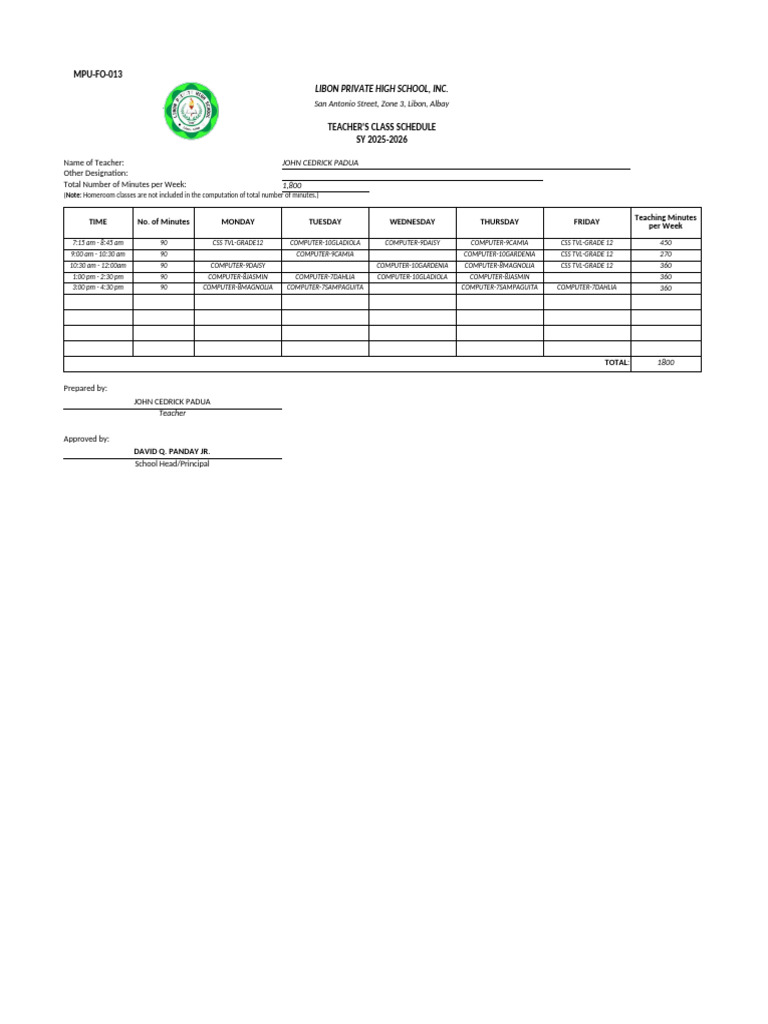 JOHN CEDRICK PADUA Schedule | PDF