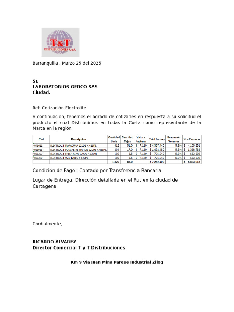 Cotización de Electrolite para Gerco | PDF