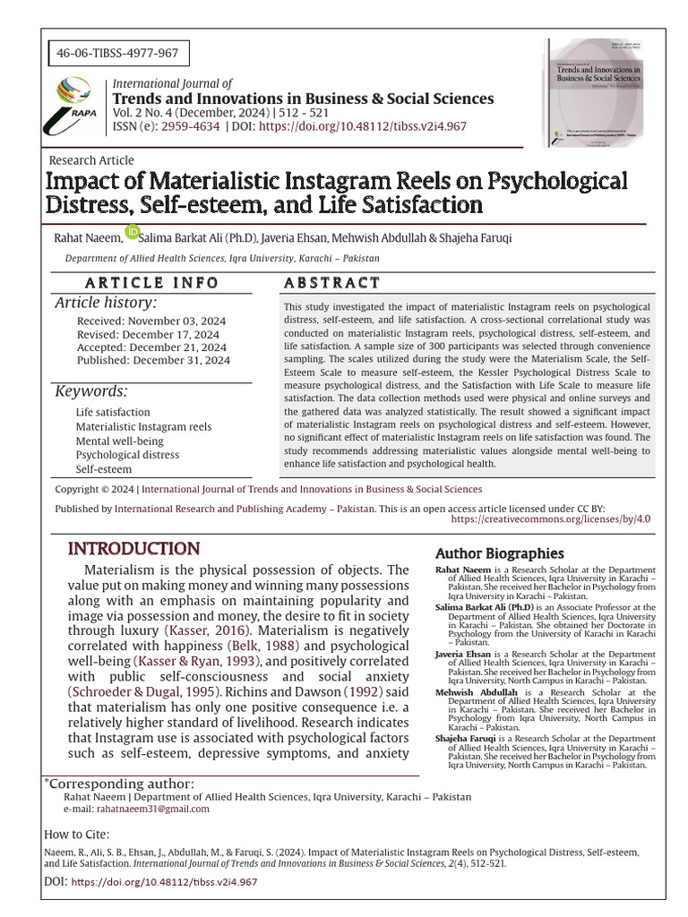 Impact of Materialistic Instagram Reels On Psychological | PDF | Self ...