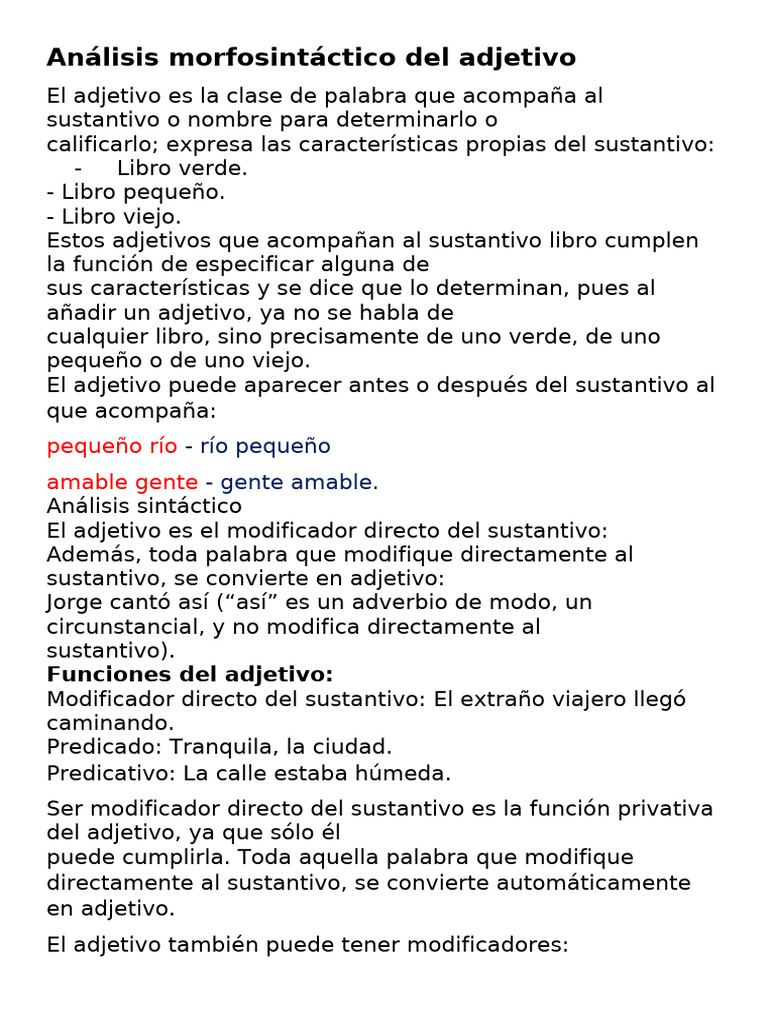 Análisis Morfosintáctico Del Adjetivo | PDF | Adjetivo | Palabra