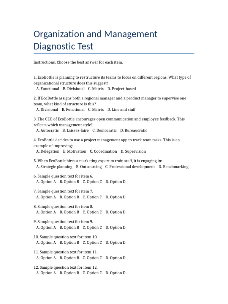 EcoBottle Management Diagnostic Test | PDF | Organizational Structure ...