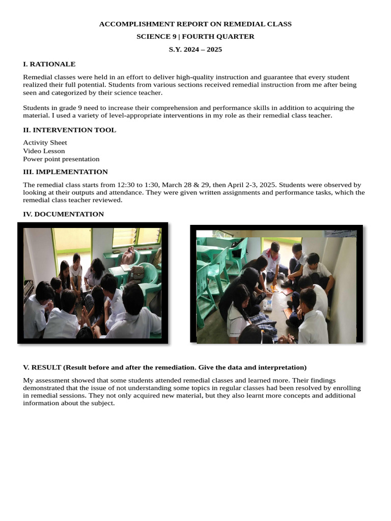 Accomplishment Report On Remedial Class | PDF | Human Communication ...