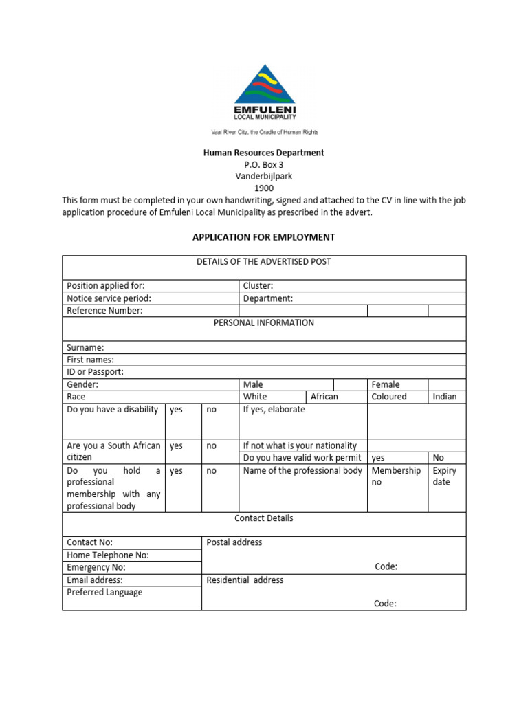 Emfuleni Municipality Job Application Form | PDF | Criminal Record ...
