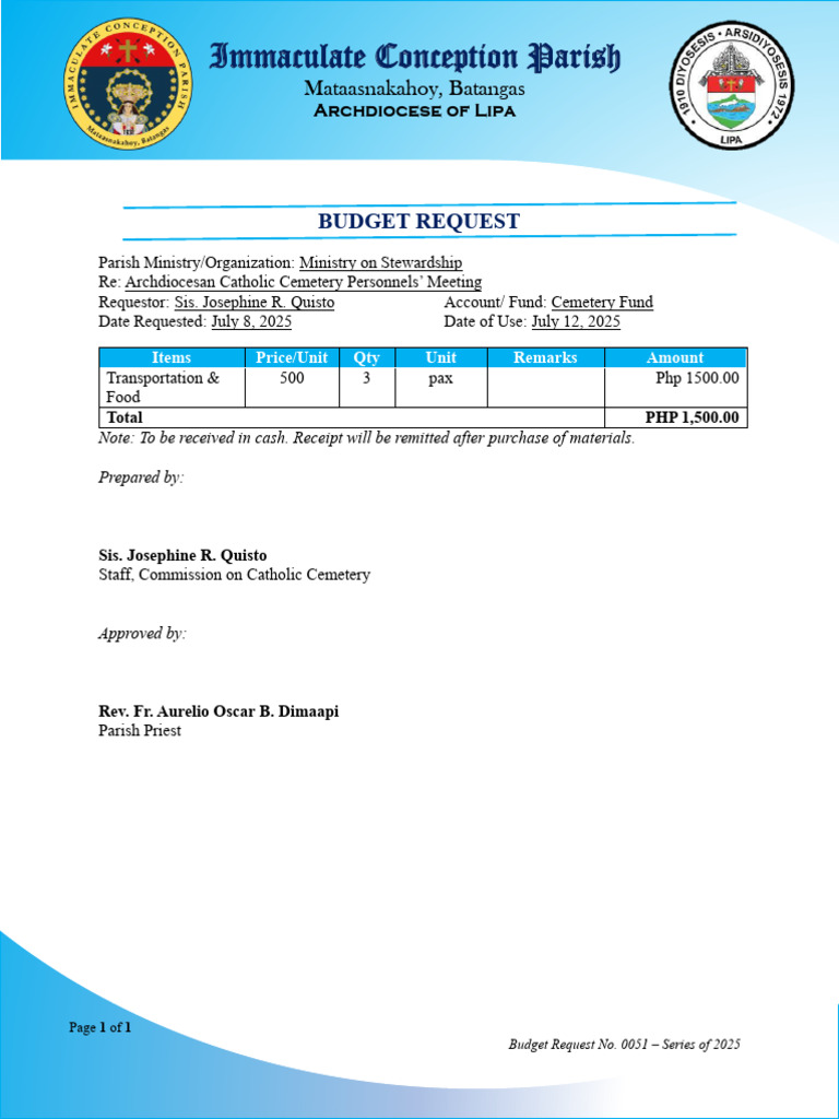 51 Budget Request Archdiocesan Catholic Cemetery Personnels' Meeting | PDF