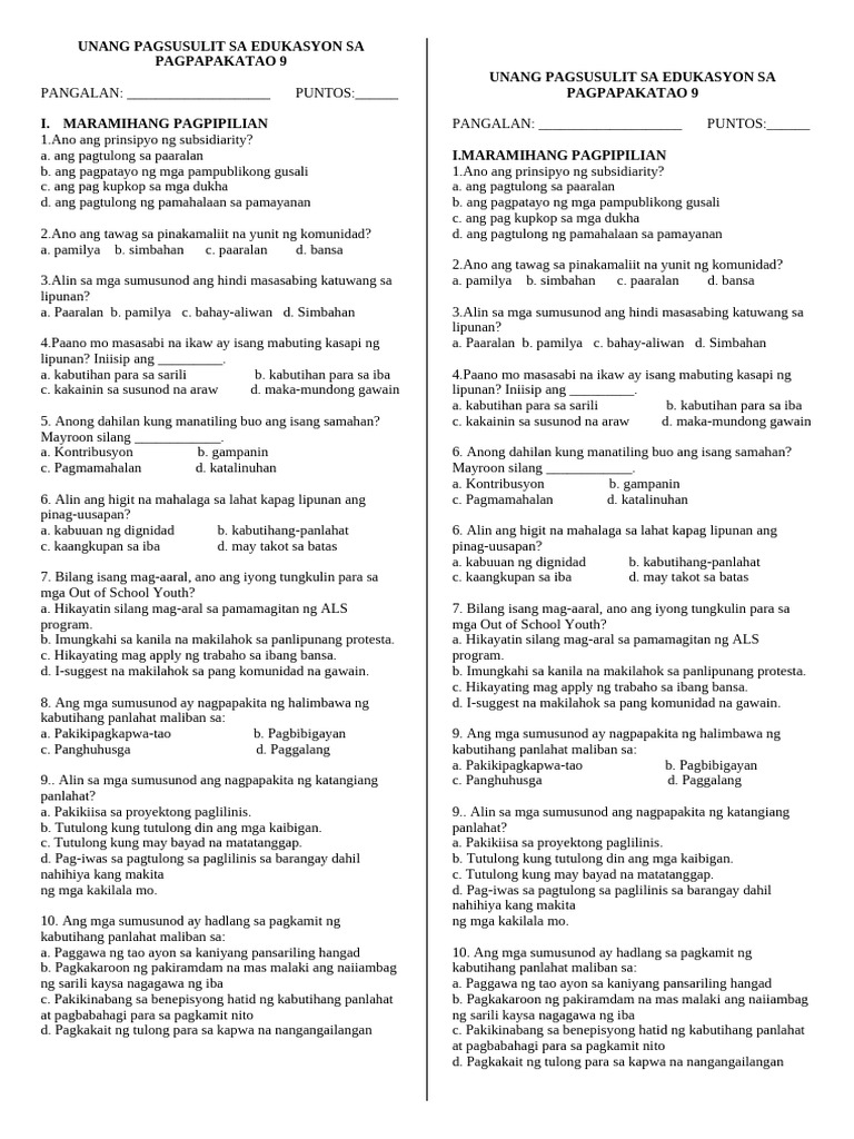 Unang Pagsusulit Sa Edukasyon Sa Pagpapakatao 9 | PDF