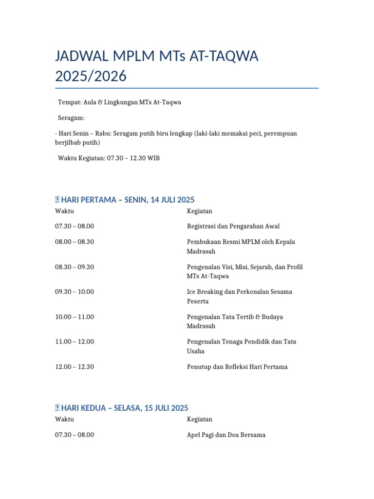 Jadwal MPLM MTs At-Taqwa 2025/2026 | PDF