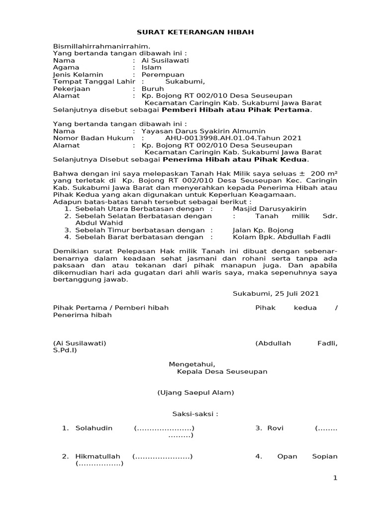 Contoh Format Surat Hibah Ai | PDF