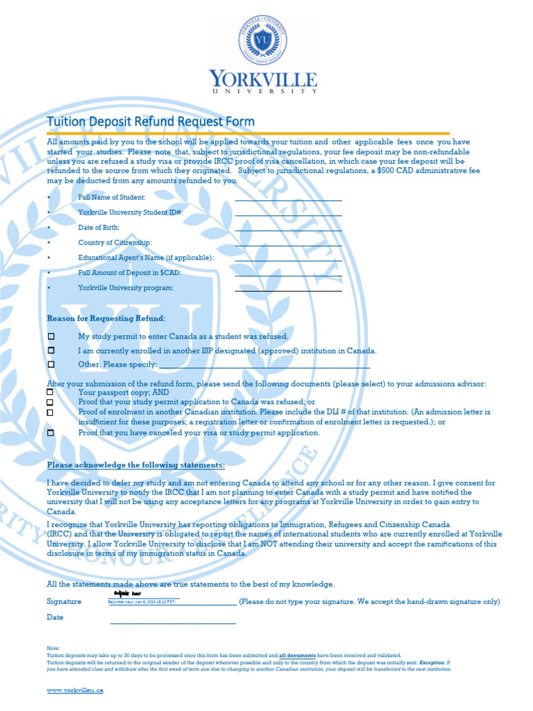 Yorkville University - Deposit Refund Request Form - Encrypted | PDF ...