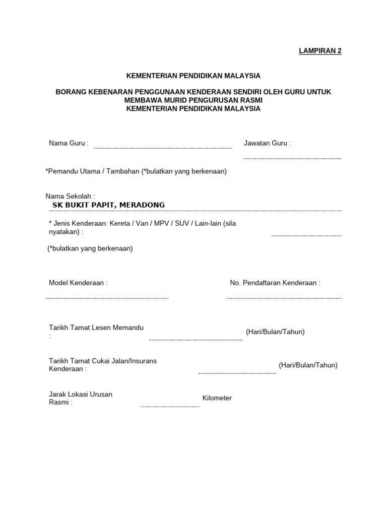 Penggunaan Kenderaan Guru Lampiran B | PDF
