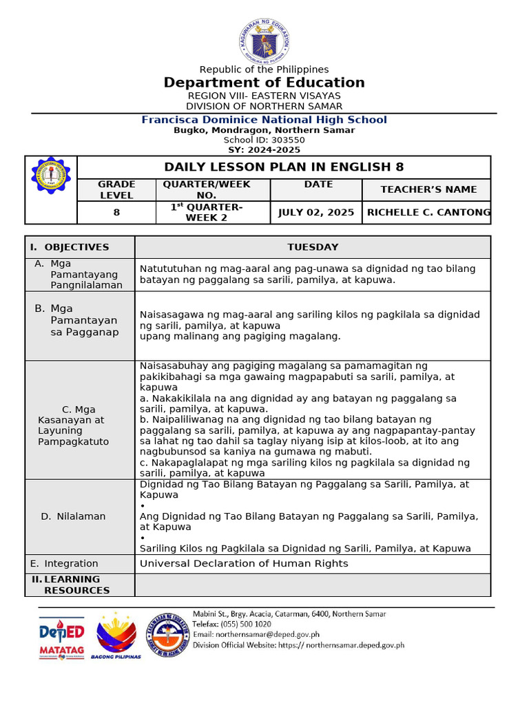 Lesson Plan Values Ed. | PDF