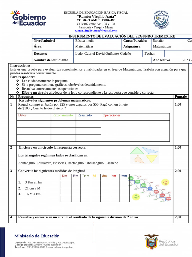 Evaluación Matemáticas 5to Año Básica | PDF | Triángulo | Geometría ...