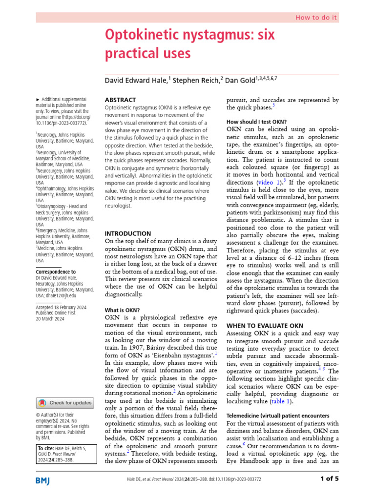 Htdi Optokinetic Nystagmus Six Practical Uses | PDF | Vision | Nervous ...