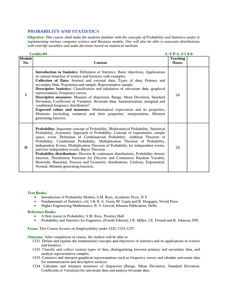 Probability and Statistics Course Overview | PDF | Probability ...