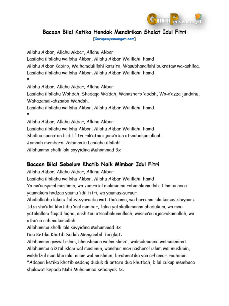 Bacaan Bilal Shalat Idul Fitri Latin | PDF