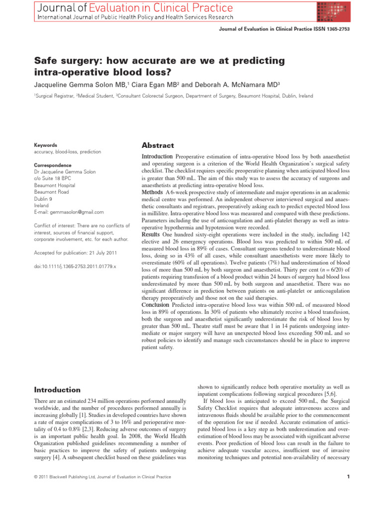 Safe Surgery How Accurate Are We at Predicting Intra Operative Blood ...