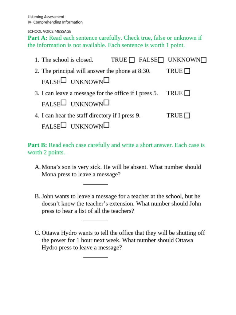 School Voice Message Listening Test | PDF