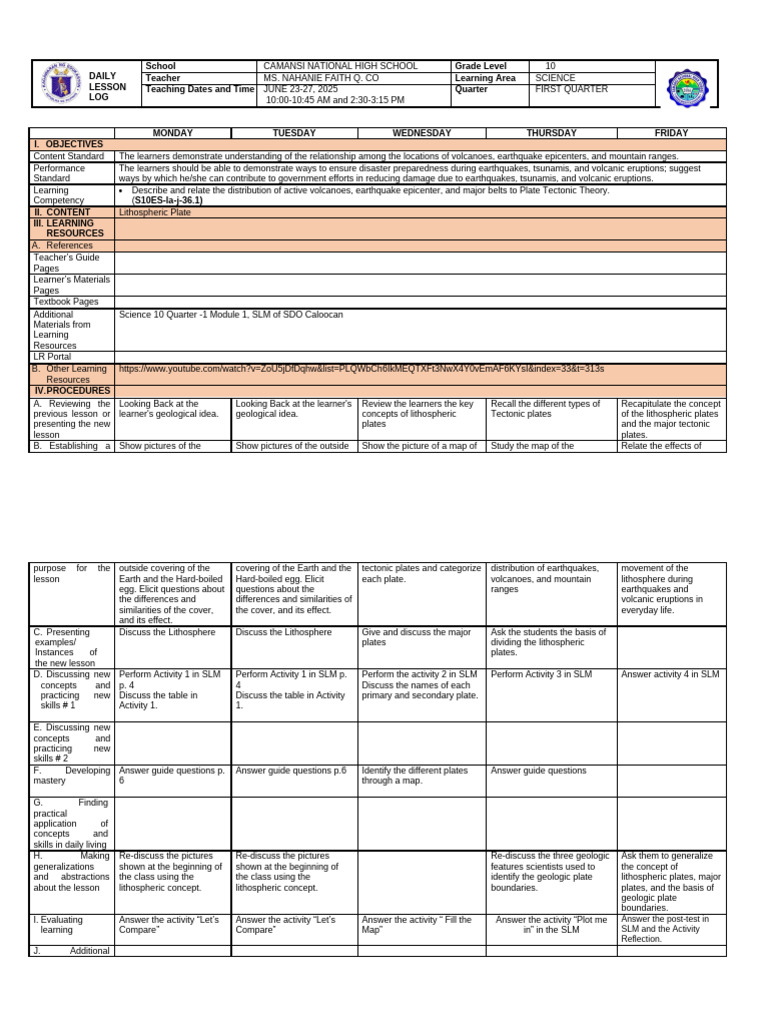 Grade 10 Science Lesson Plan: Tectonics | PDF | Plate Tectonics | Volcano