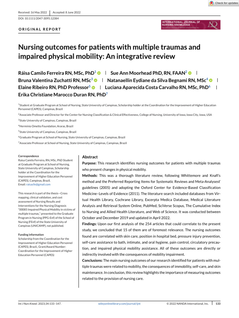 Nursing Outcomes For Patients With Multiple Traumas and Impaired ...