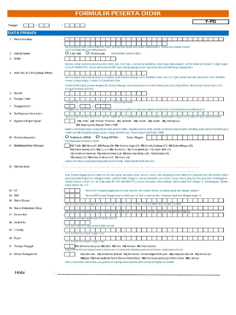 Formulir Isian Biodata Siswa | PDF