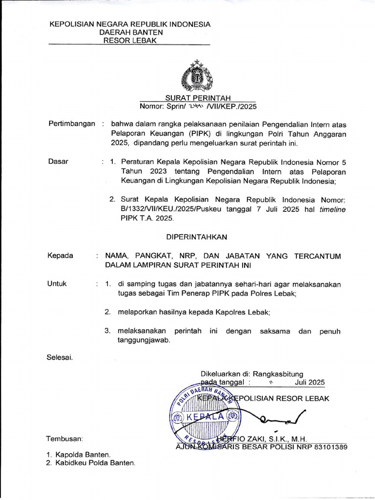 Sprin Penerap Pipk Polres Lebak Juli 2025 - 0001 | PDF