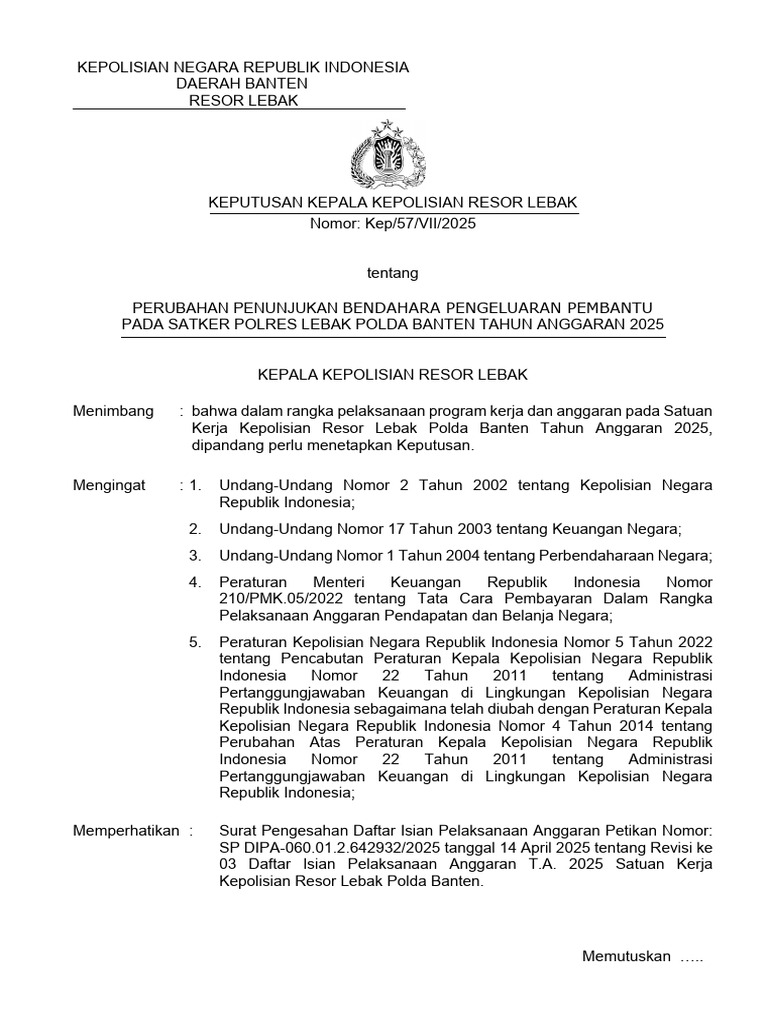 Penunjukan Bendahara Polres Lebak 2025 | PDF