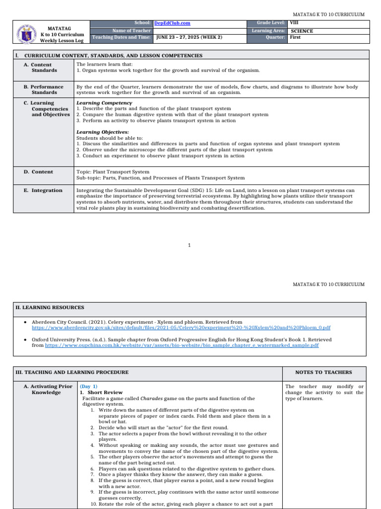 DLL Matatag - Science 8 q1 w2 | PDF | Leaf | Root
