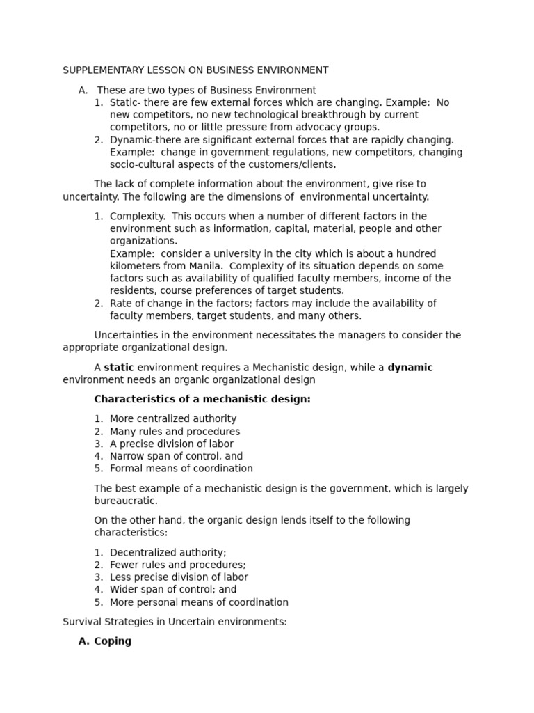 TRC Gs Supplementary Lesson On Business Environment | PDF | Business | Economies